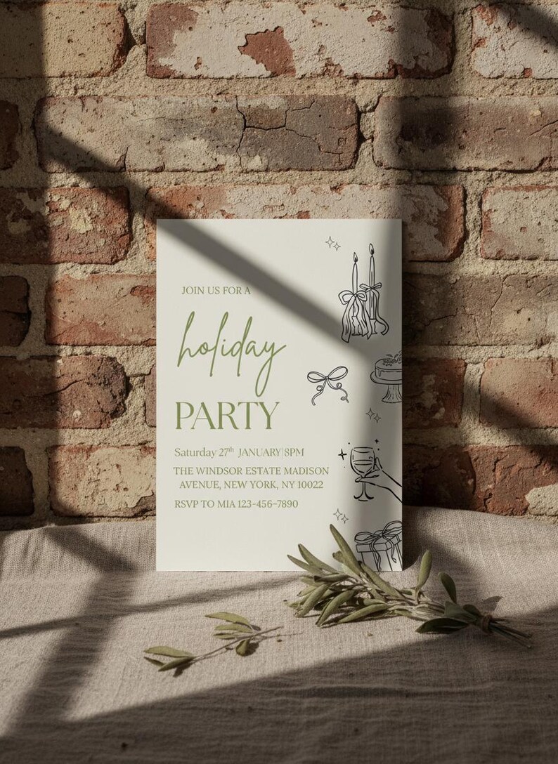 Sage Green Holiday Party Invitation Template, Elegant Minimalist Dinner ...