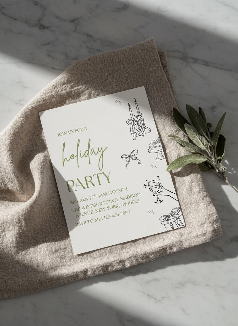 Sage Green Holiday Party Invitation Template, Elegant Minimalist Dinner ...