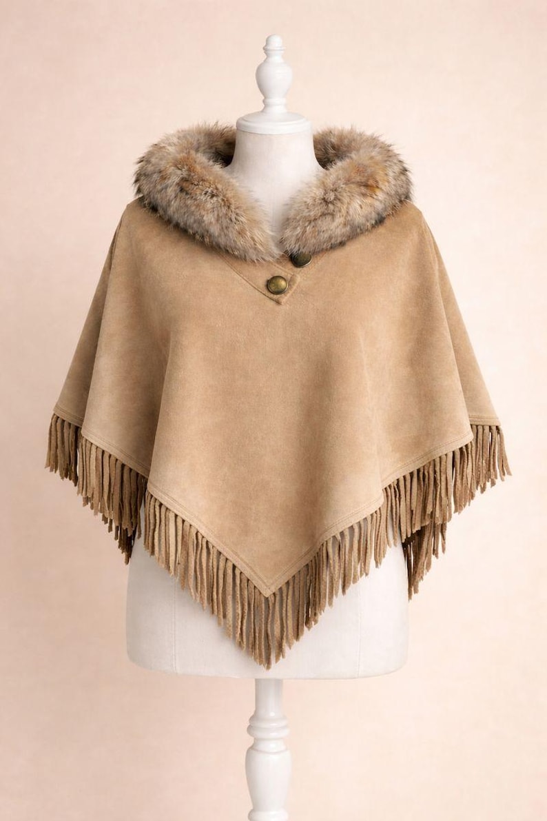 Women Suede Poncho With Fur Trim Fringe Western Cape Winter Shawl - Etsy