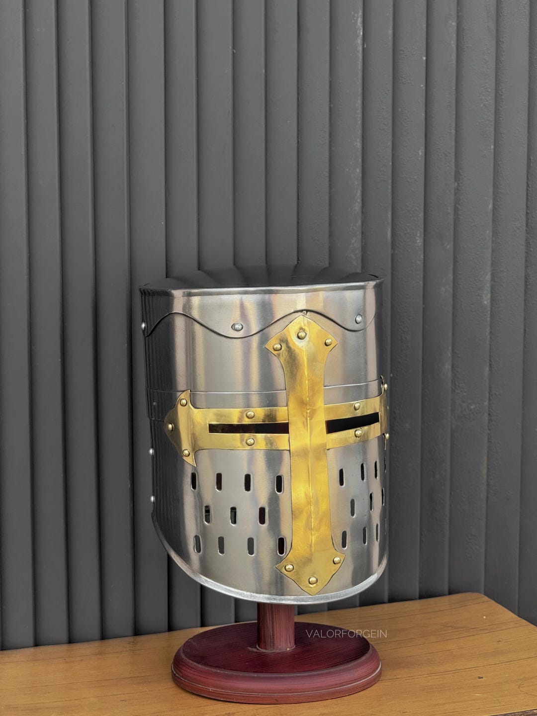 Medieval Crusader Knight Helmet - Polished Steel & Brass Great Helmet ...