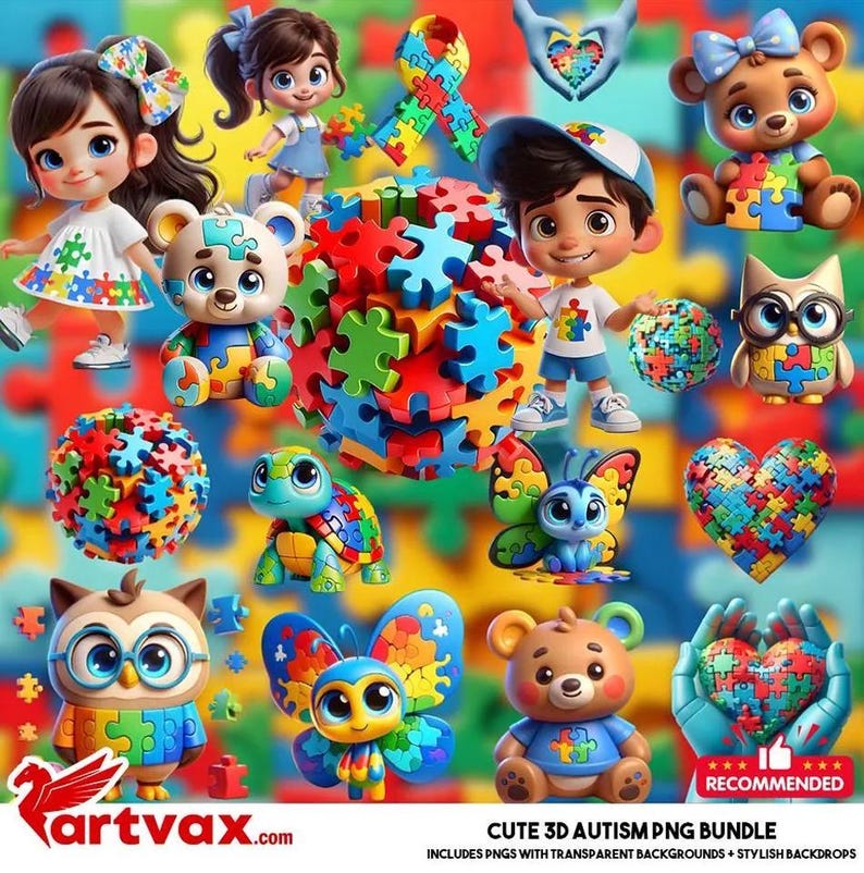Autism Awareness PNG Bundle - Cute 3D Puzzle Piece Clipart for ...