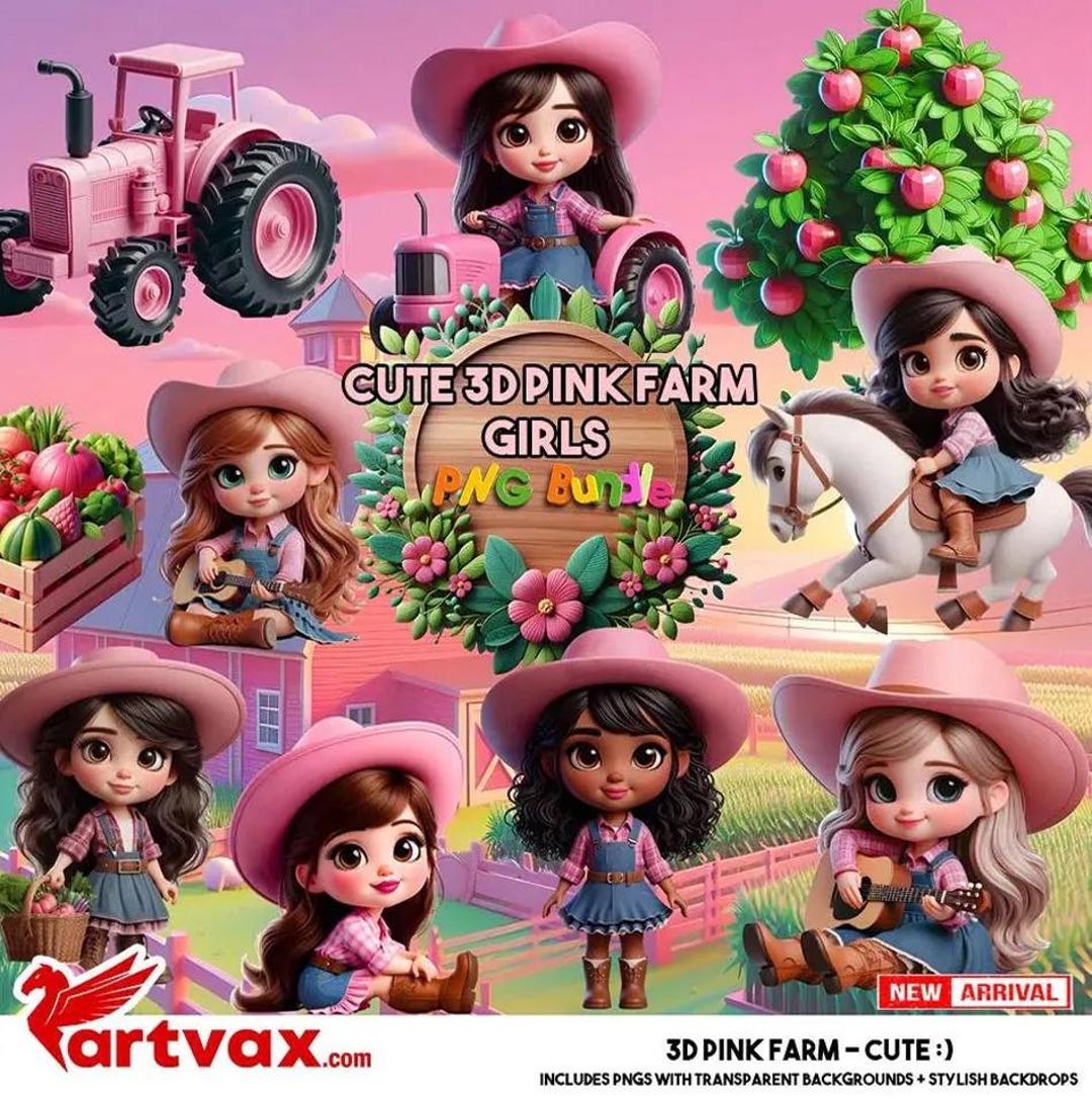 Cute 3D Pink Farm Girls PNG Bundle | Chibi Cowgirl Clipart Set ...