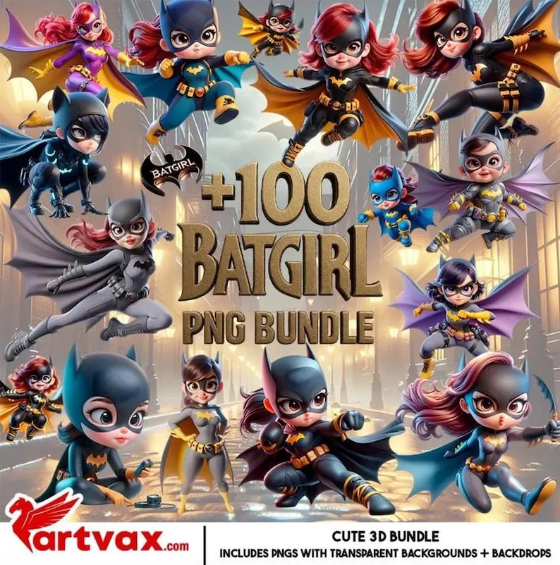Batgirl PNG Bundle | Cute 3D Super Heroine Sublimation | Bat Girl Chibi ...