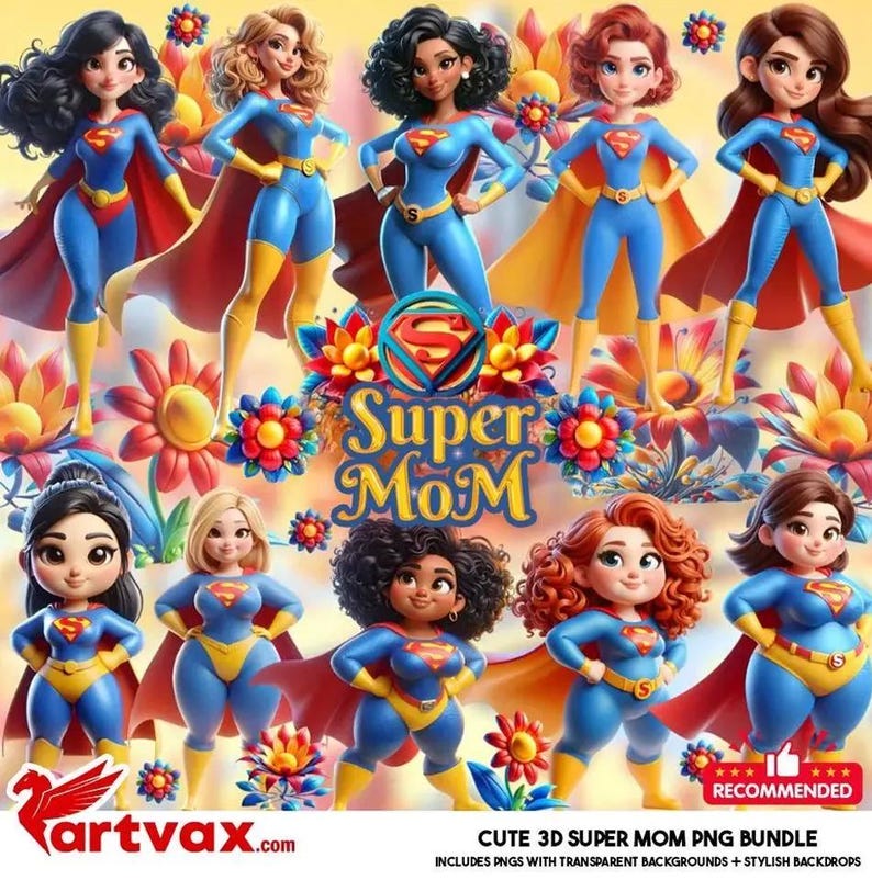 Super Mom PNG Bundle | 3D Motherhood Superhero Clipart | Diverse Wonder ...