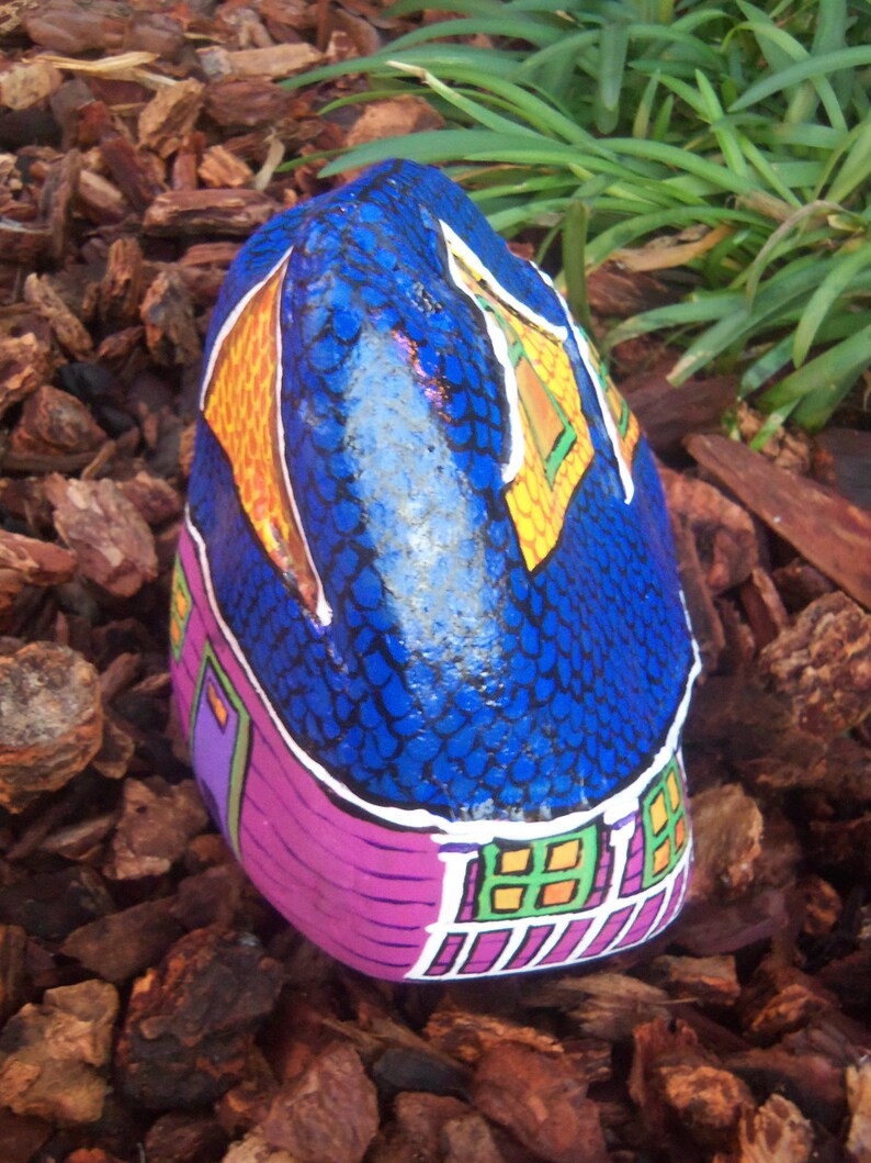 Blue Yellow Orange Victorian Home Painted River Rock | Etsy