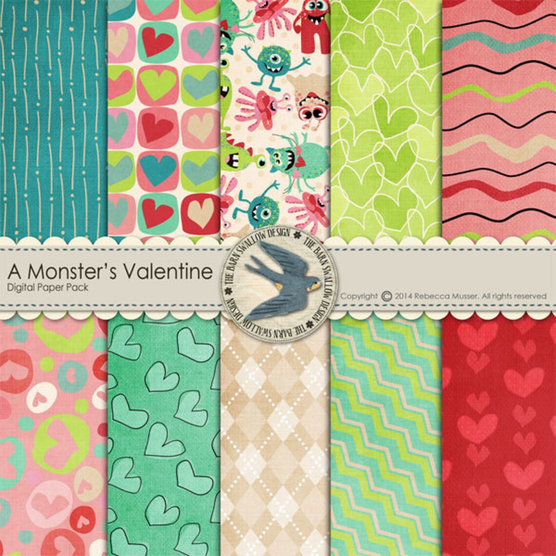 Digital Scrapbook Paper Pack Instant Download - A Monster's Valentine ...