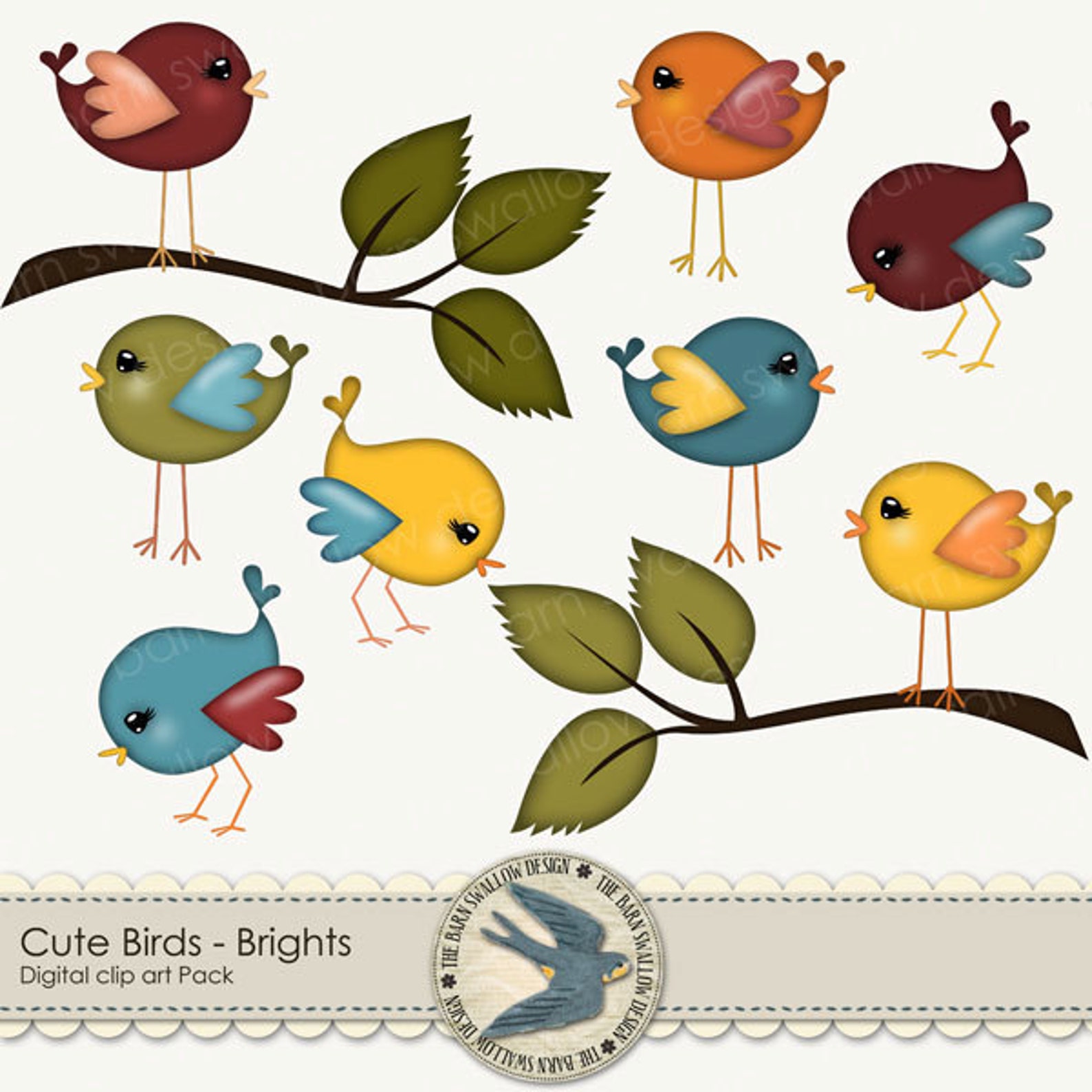 Digital Clip Art Pack Instant Download - "cute Birds" - in Bright ...