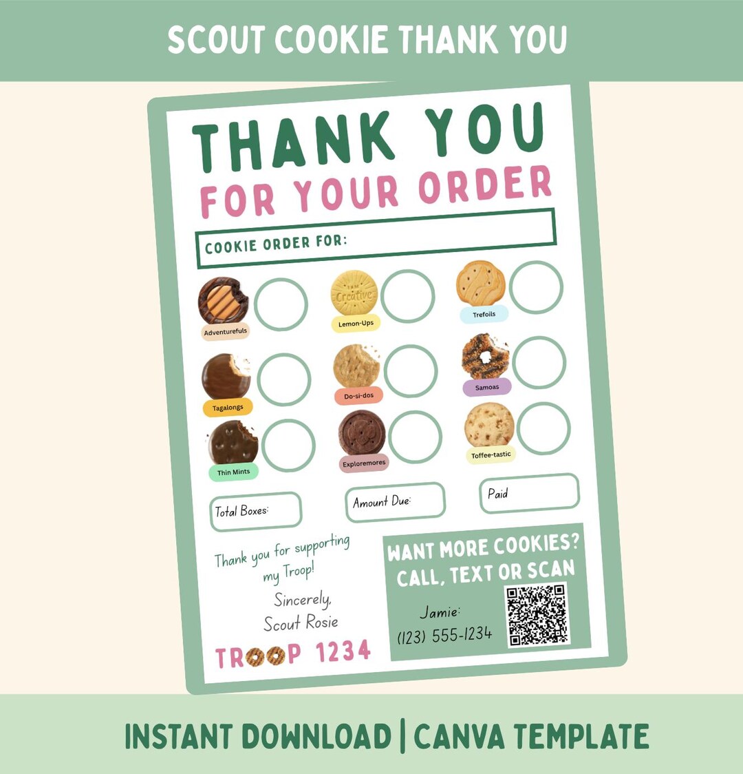Editable Girl Scout Cookie Thank You & Order Receipt | Canva Template ...
