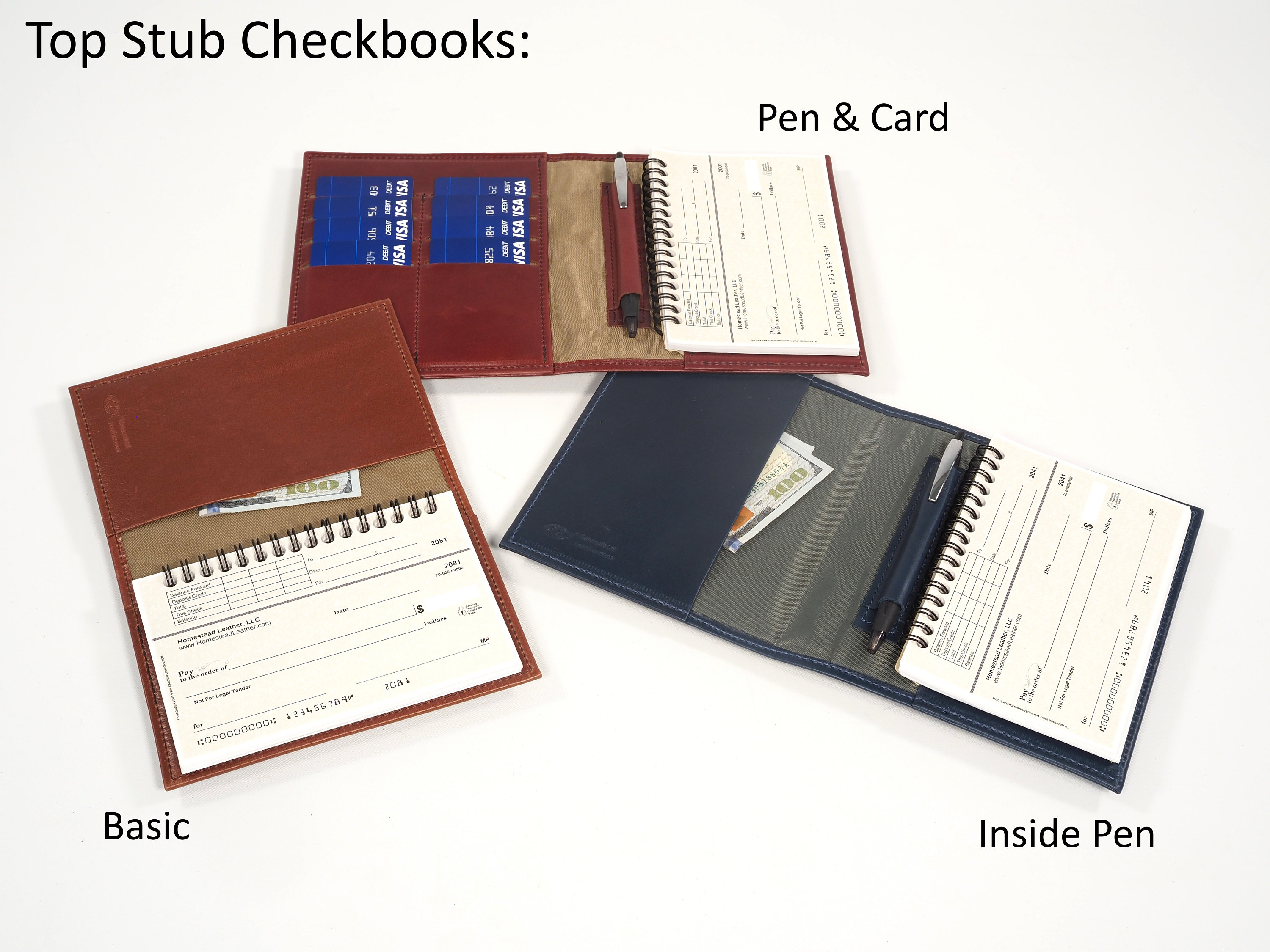 Leather TOP STUB Checkbook - with Optional Pen and Card Slots