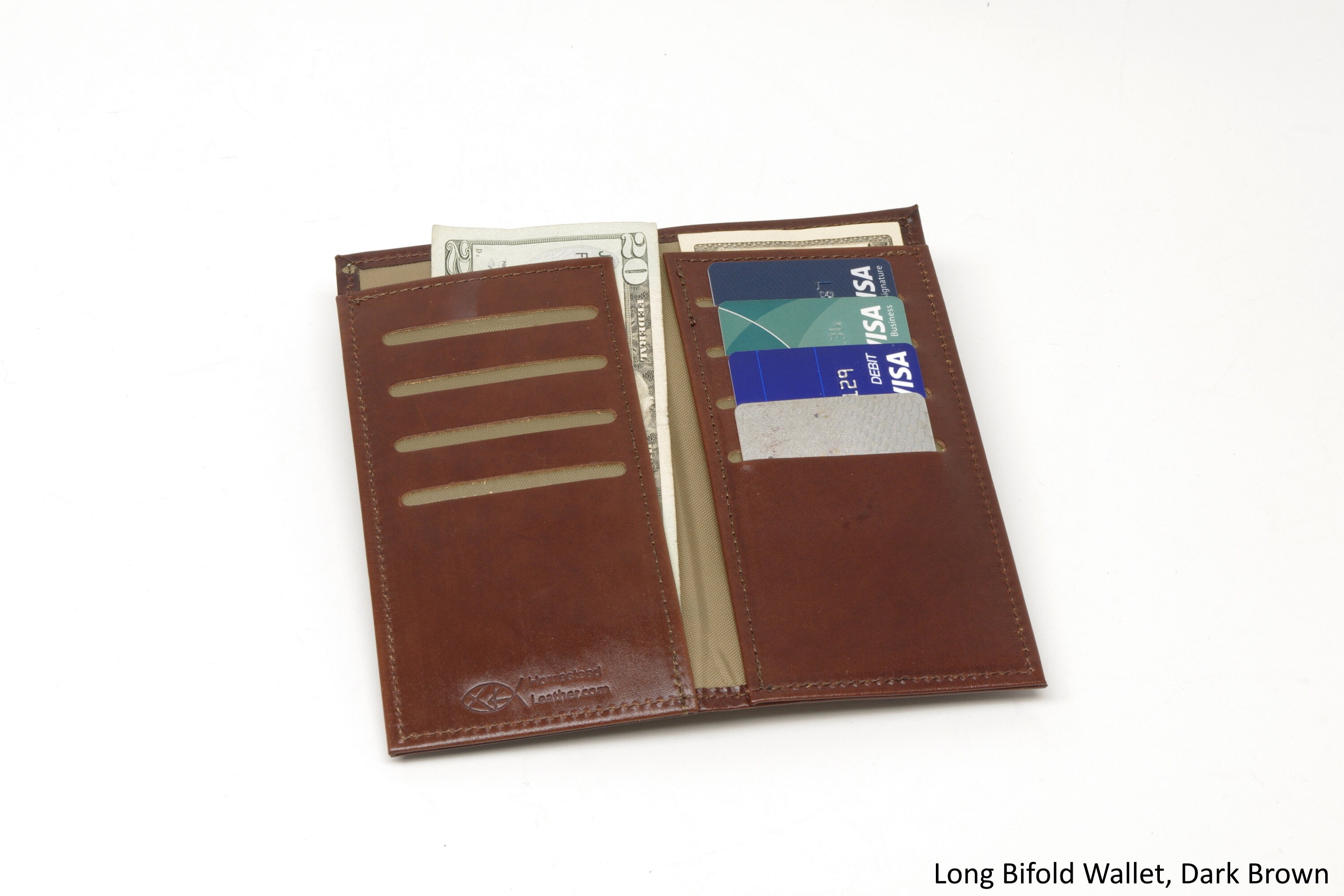 Leather Long Bifold Wallet with 2 Cash Pockets and 8 Card Slots
