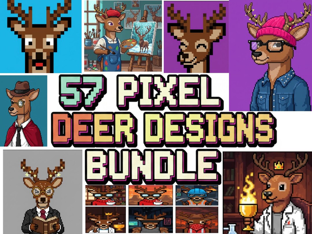57 Pixel Deer Designs Bundle | Pixel Art Deer Characters - Etsy