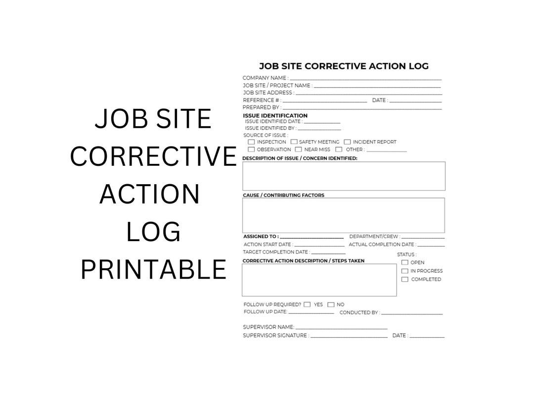 Job Site Corrective Action Log Printable | Safety Follow up Record ...