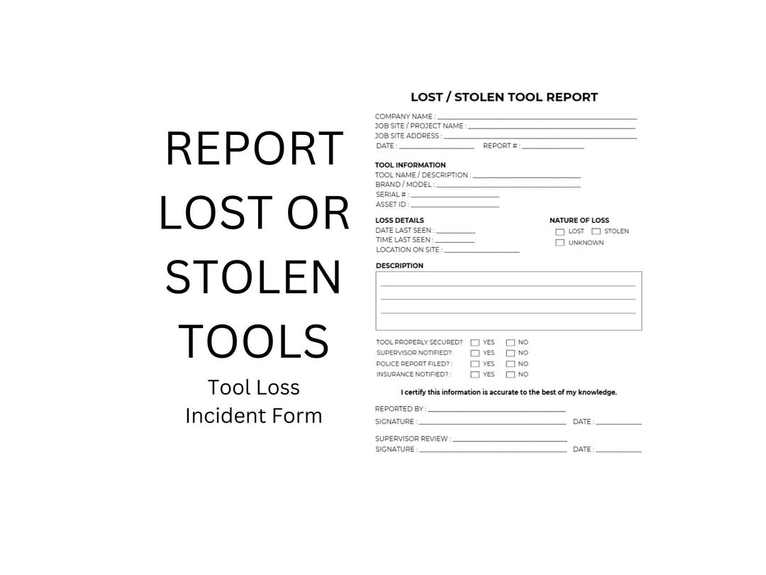Lost / Stolen Tool Report Printable | Job Site Asset Loss Documentation ...