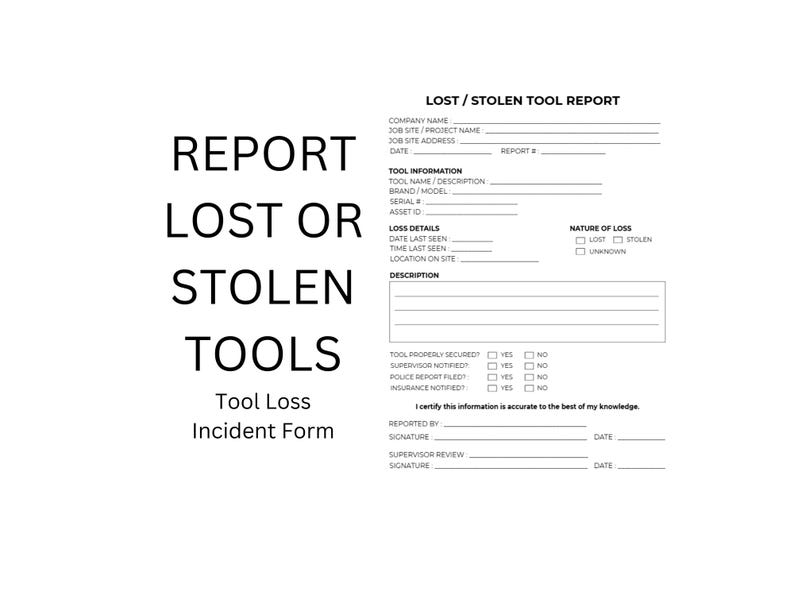 Lost / Stolen Tool Report Printable | Job Site Asset Loss Documentation ...