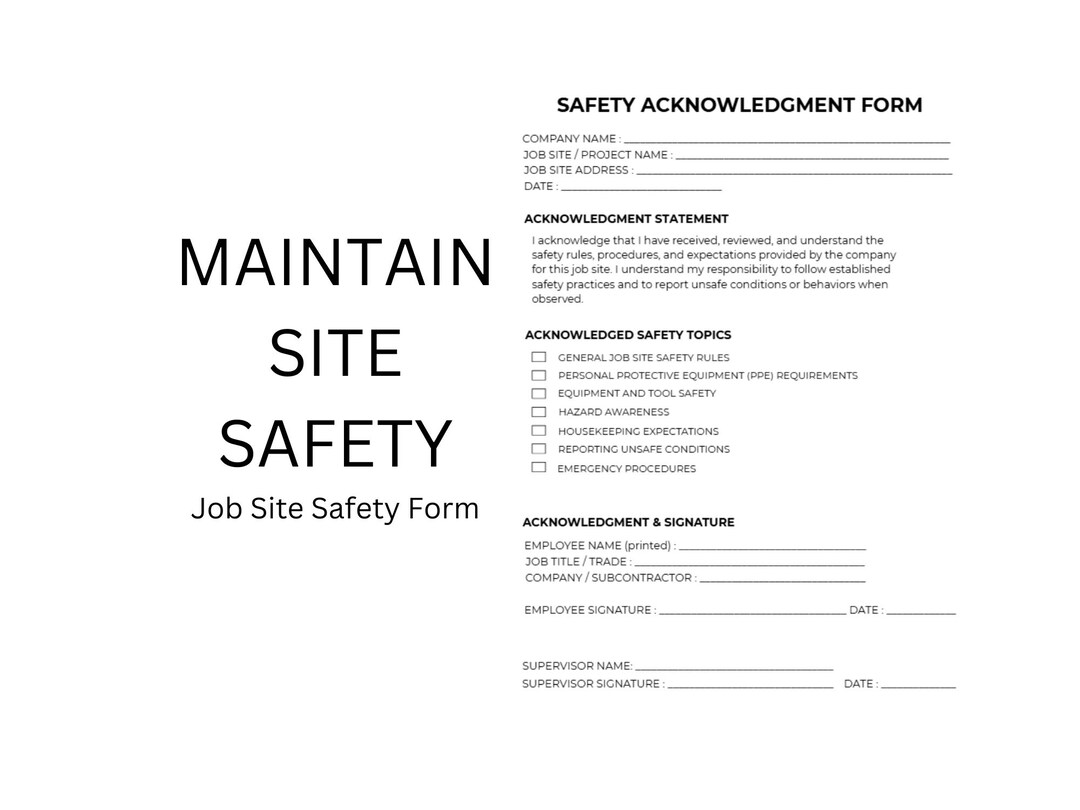 Safety Acknowledgment Form Printable | Job Site Safety Form | Employee ...