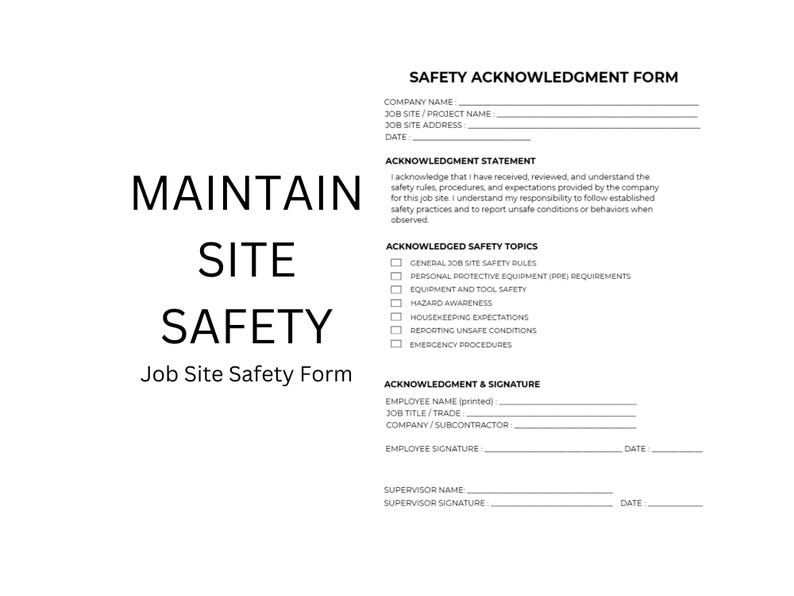 Safety Acknowledgment Form Printable | Job Site Safety Form | Employee ...