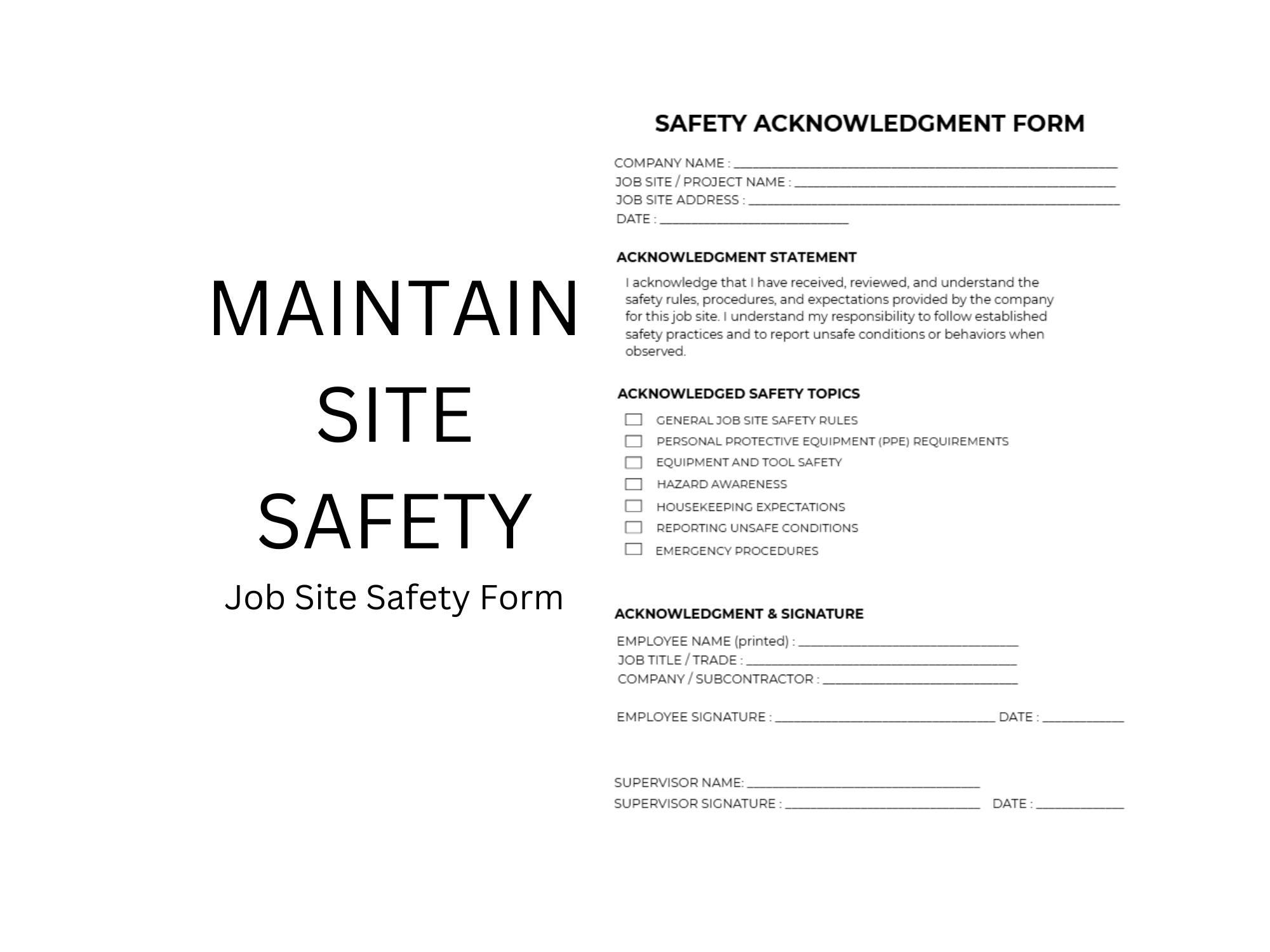 Safety Acknowledgment Form Printable | Job Site Safety Form | Employee ...
