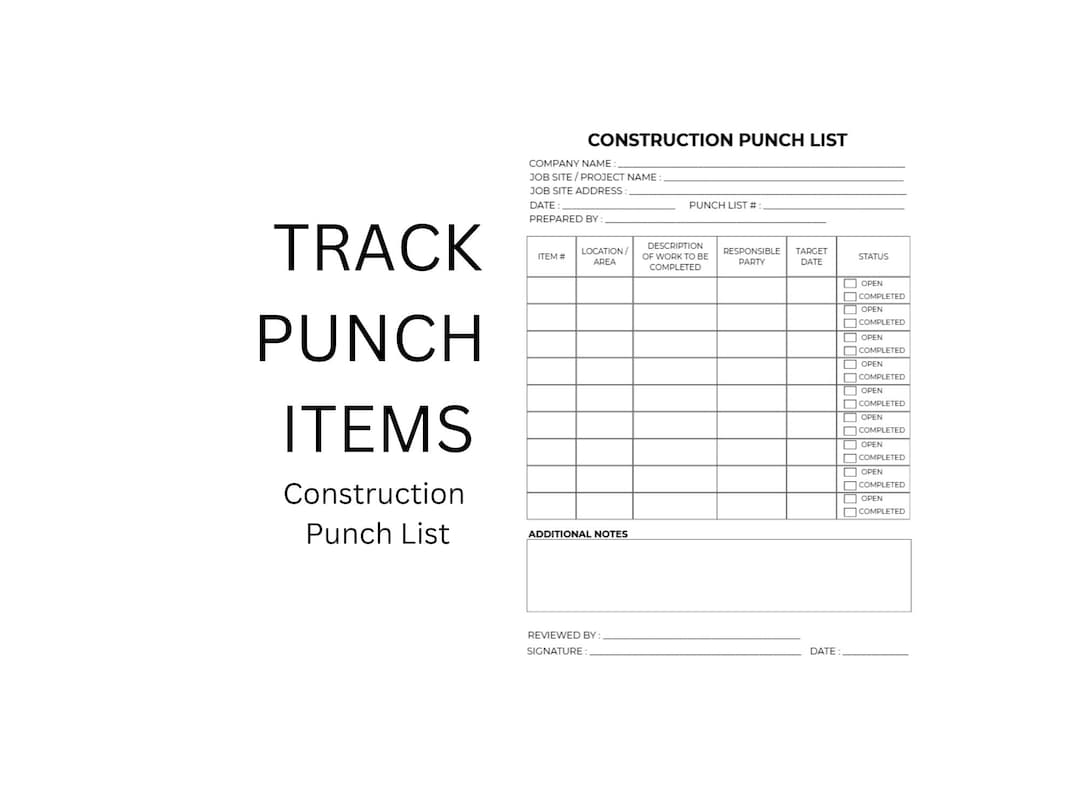 Construction Punch List Printable | Contractor Punch List Form | Job ...