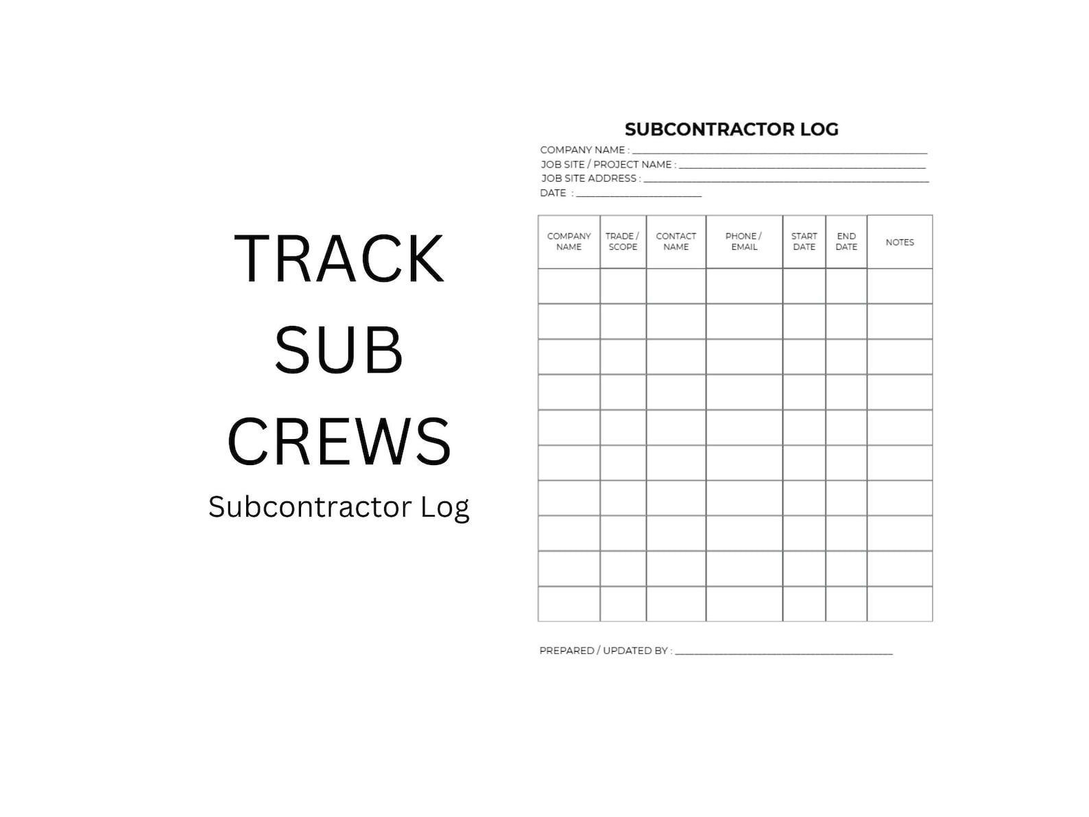 Subcontractor Log Printable | Construction Subcontractor Tracking Form ...