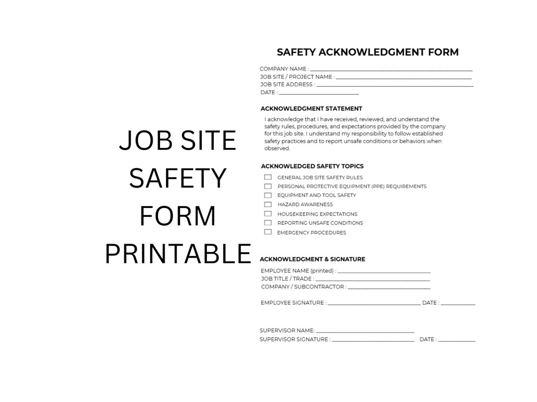 Safety Acknowledgment Form Printable | Job Site Safety Form | Employee ...