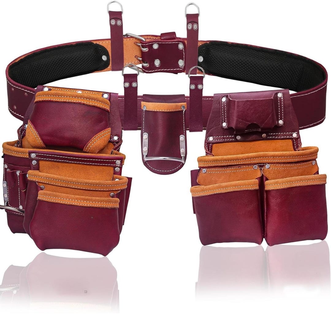 Maroon Leather Tool Belt – 19 Pocket Heavy Duty Work Belt, Professional ...