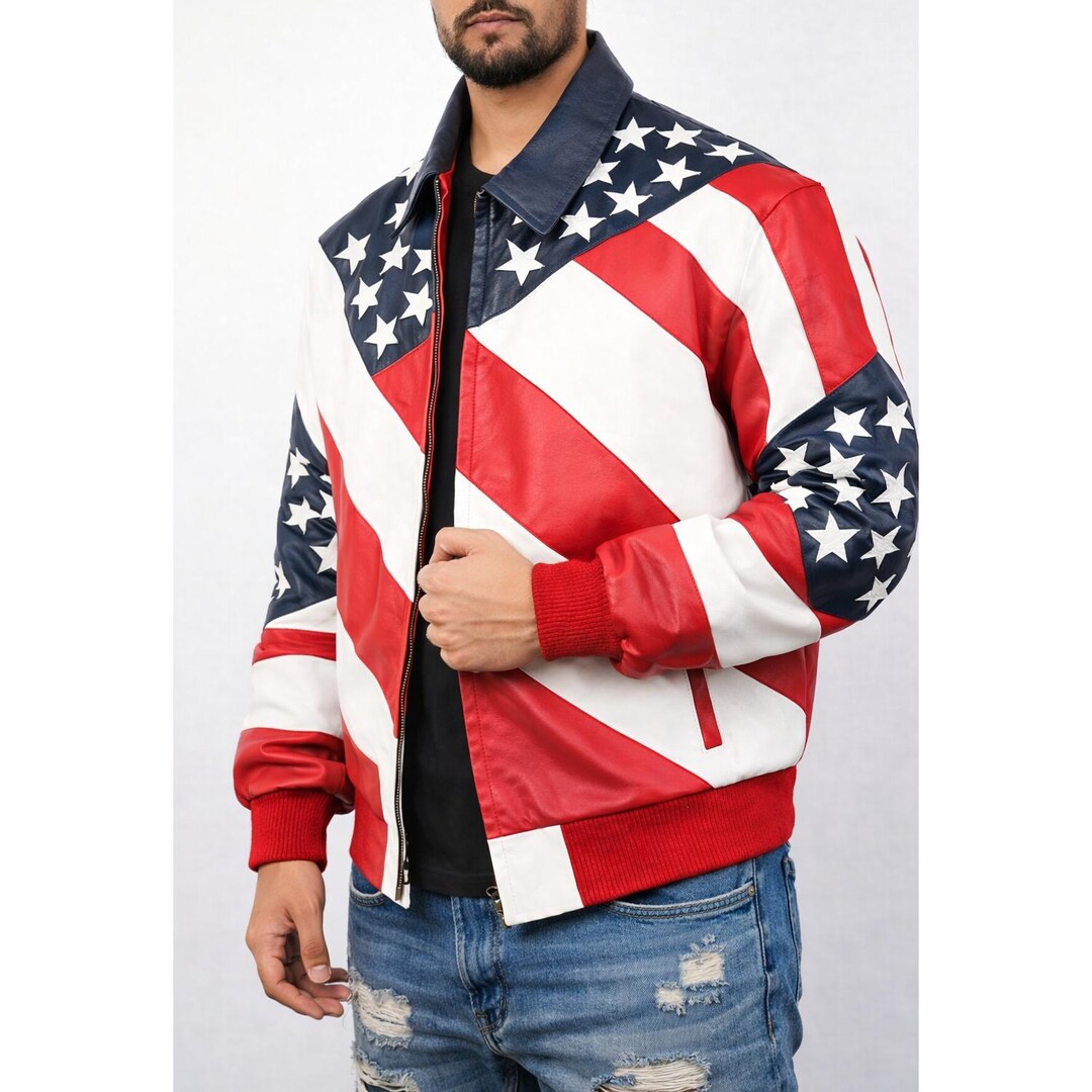 American Flag Leather Bomber Jacket | USA Independence Cosplay - Etsy