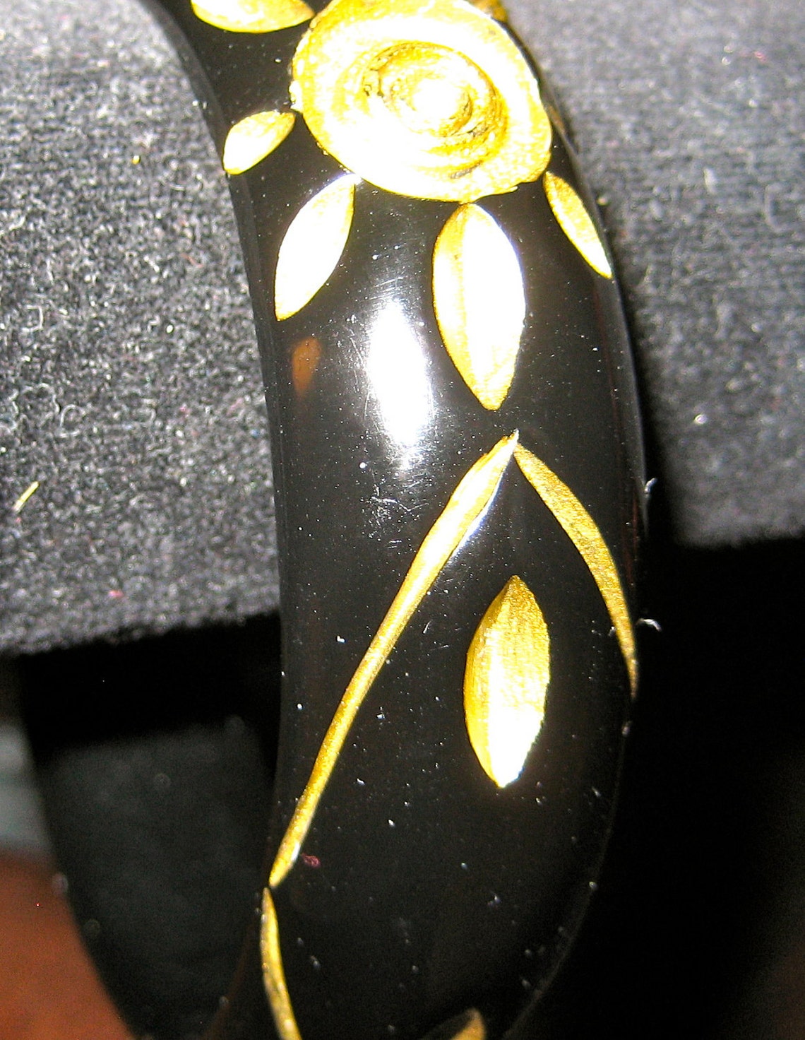 Carved Bakelite Bangle Black Gold Painted Carved - Etsy