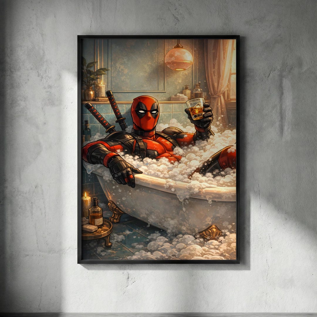 Deadpool Bubble Bath Poster - Funny Superhero Wall Art, Drinking ...