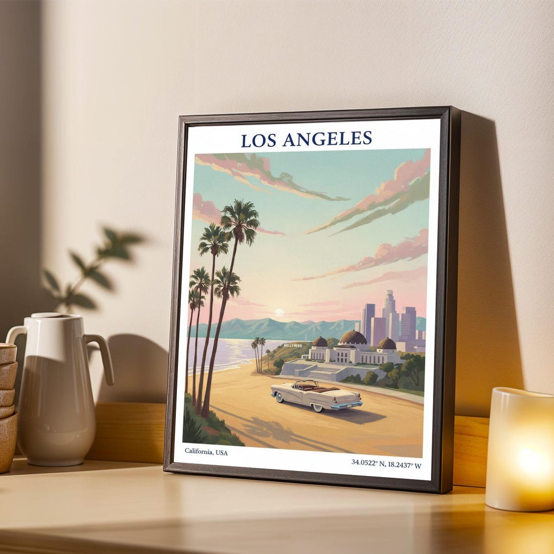 California Poster – Vintage Travel Style, Blue Sky and Pink Hues, Los ...