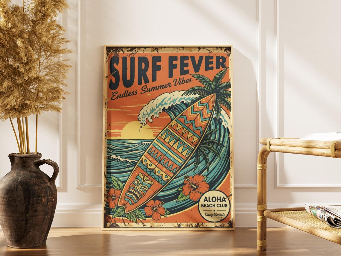 Surf Fever Endless Summer Vibes Poster | Matte Vertical Surfboard Tiki ...