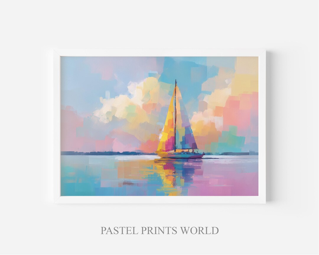 Printable Pastel Sailboat Wall Art - Serene Coastal Scene, Modern ...
