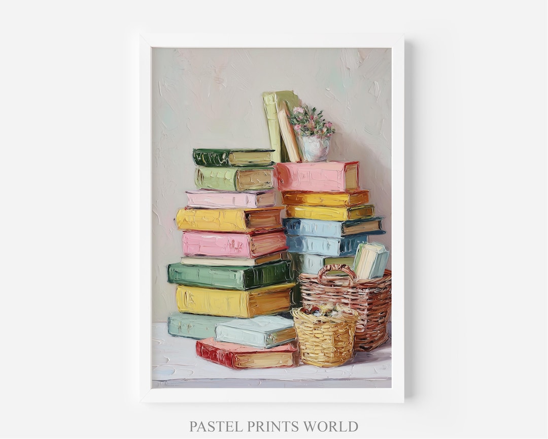 Cottagecore Book Stack Printable Art - Charming Pastel Painting With ...