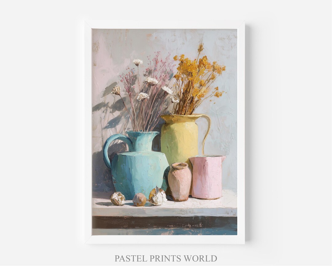 Printable Cottagecore Still Life Painting - Rustic Ceramic Vases ...