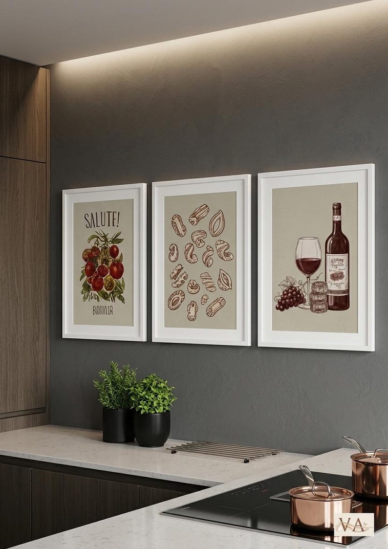 Italian Kitchen Wall Art Set, Wine Pasta Tomato Prints (digital ...