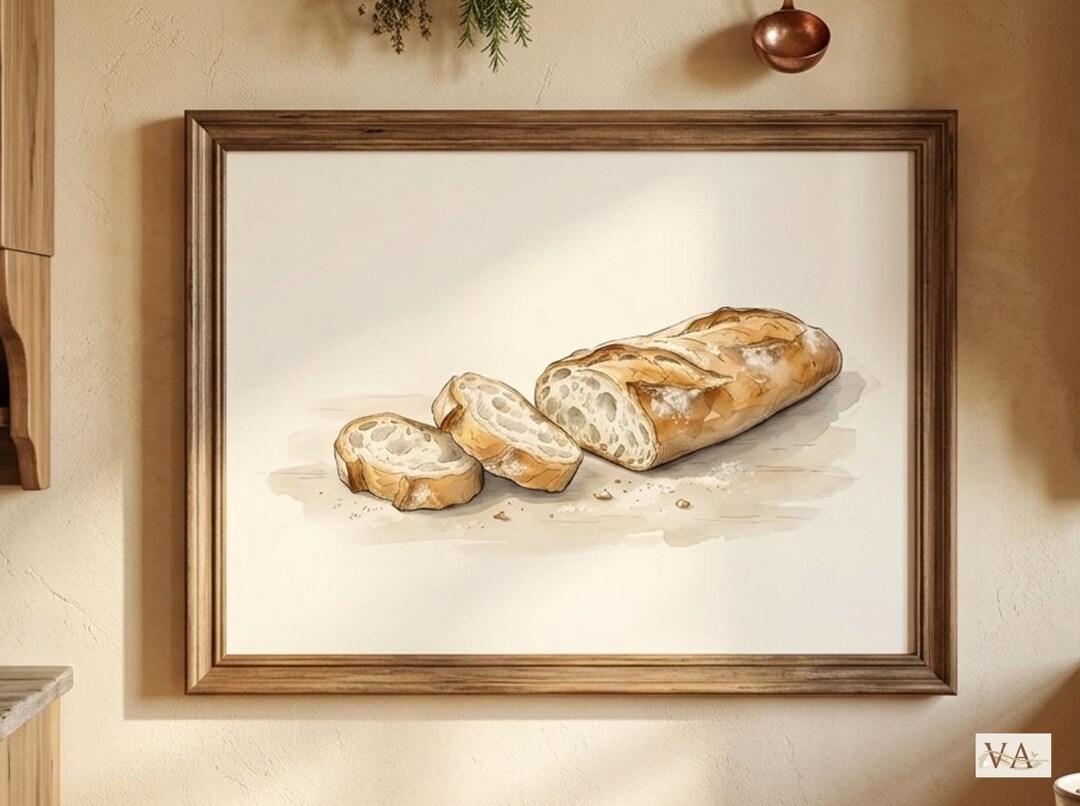 Bread Wall Art Printable, Rustic Kitchen Decor, Baguette Illustration ...