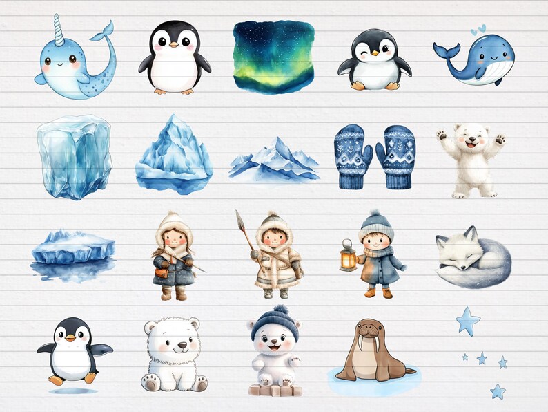 Watercolor Arctic World Clipart Bundle Polar Bear Penguin Igloo Winter ...