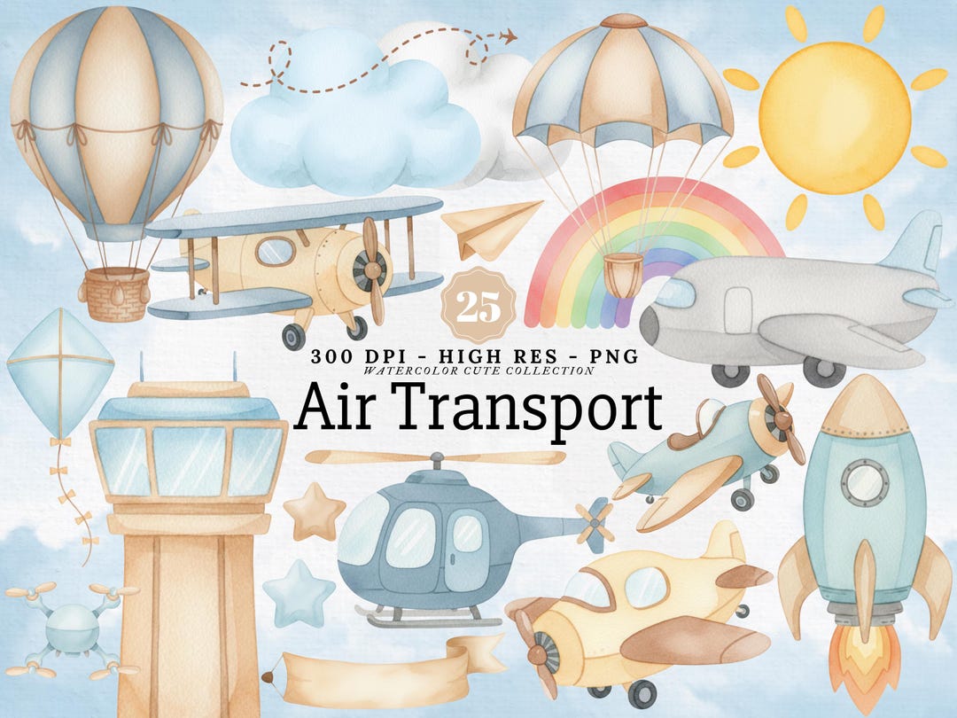Watercolor Air Transport Clipart Bundle Airplane PNG Nursery Decor Baby ...
