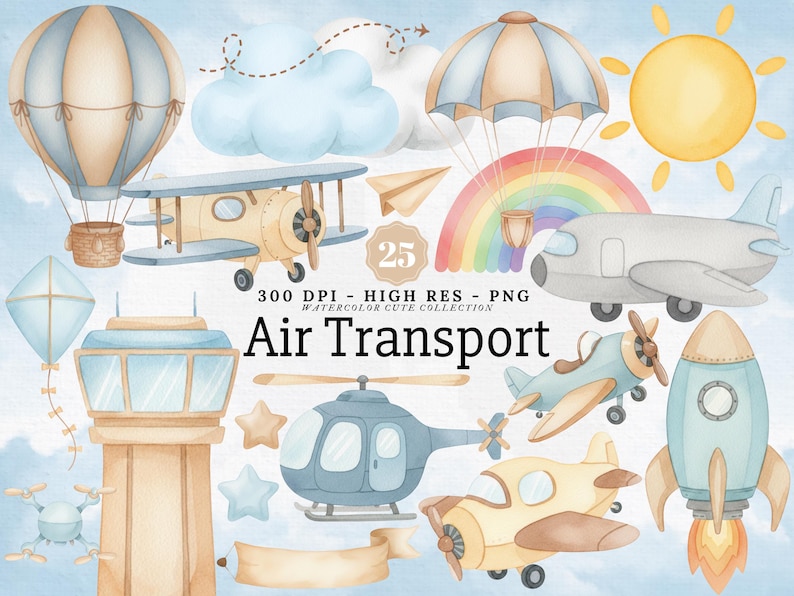 Watercolor Air Transport Clipart Bundle Airplane PNG Nursery Decor Baby ...