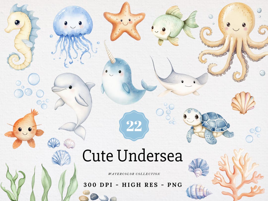 Watercolor Ocean Animals Clipart Bundle Cute Undersea Creatures for ...
