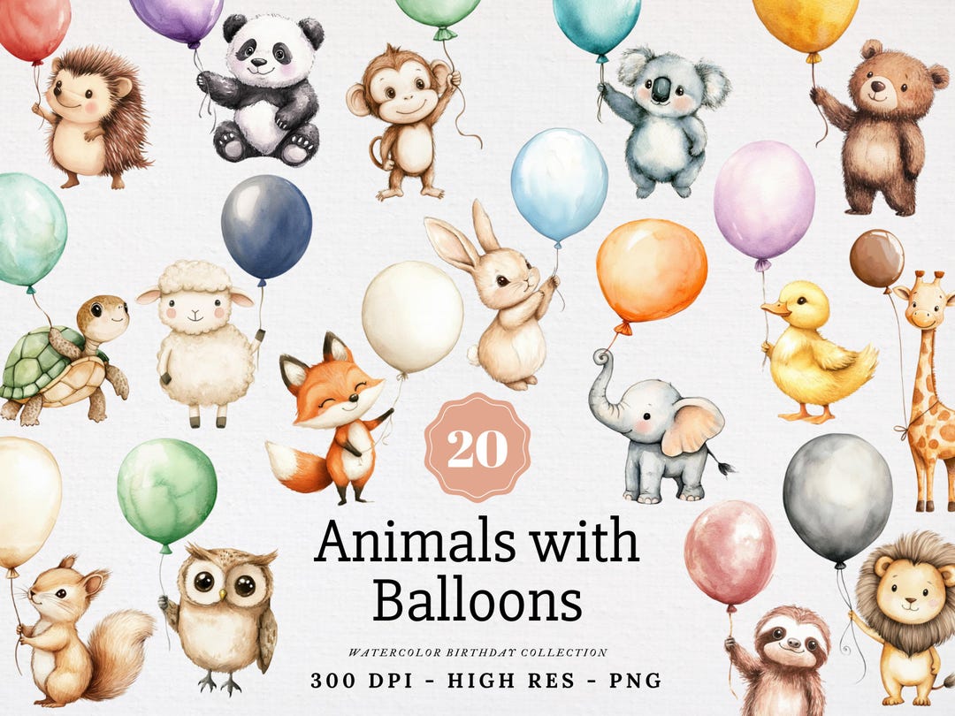 Watercolor Animals With Balloons Clipart Bundle Safari Woodland Farm ...