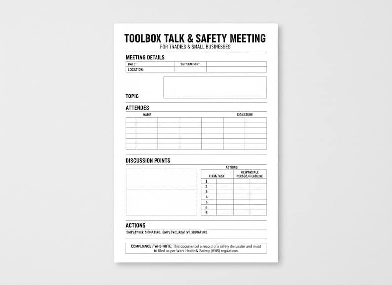 Construction Safety Meeting Template | Printable WHS Checklist (A4 PDF ...