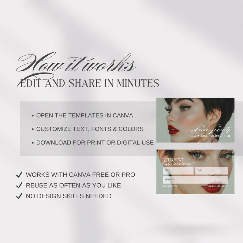 Lash Appointment Reminder Card Template | Editable Beauty Booking Form ...
