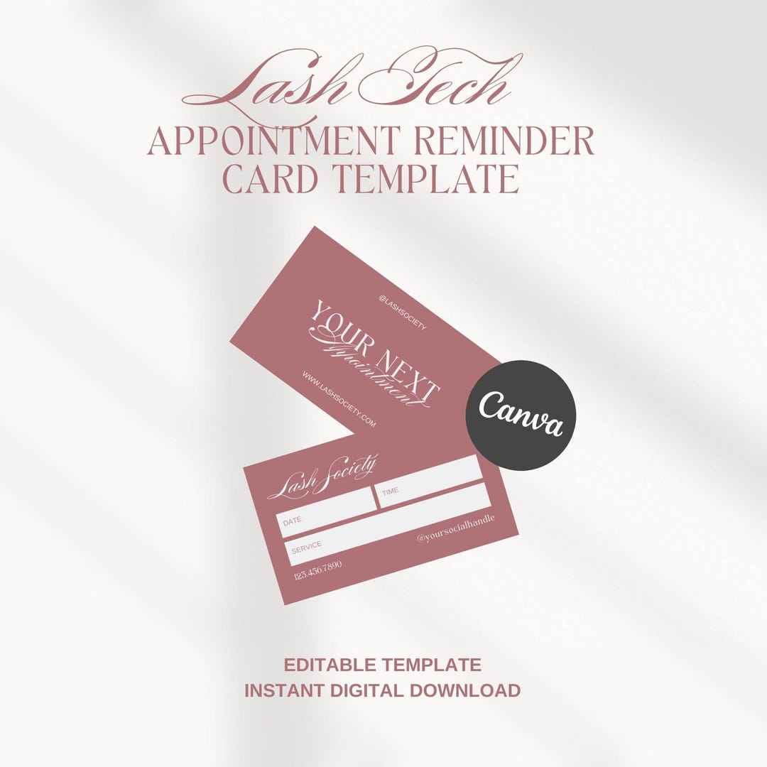 Lash Tech Appointment Card Template | Pink Canva Editable Reminder ...