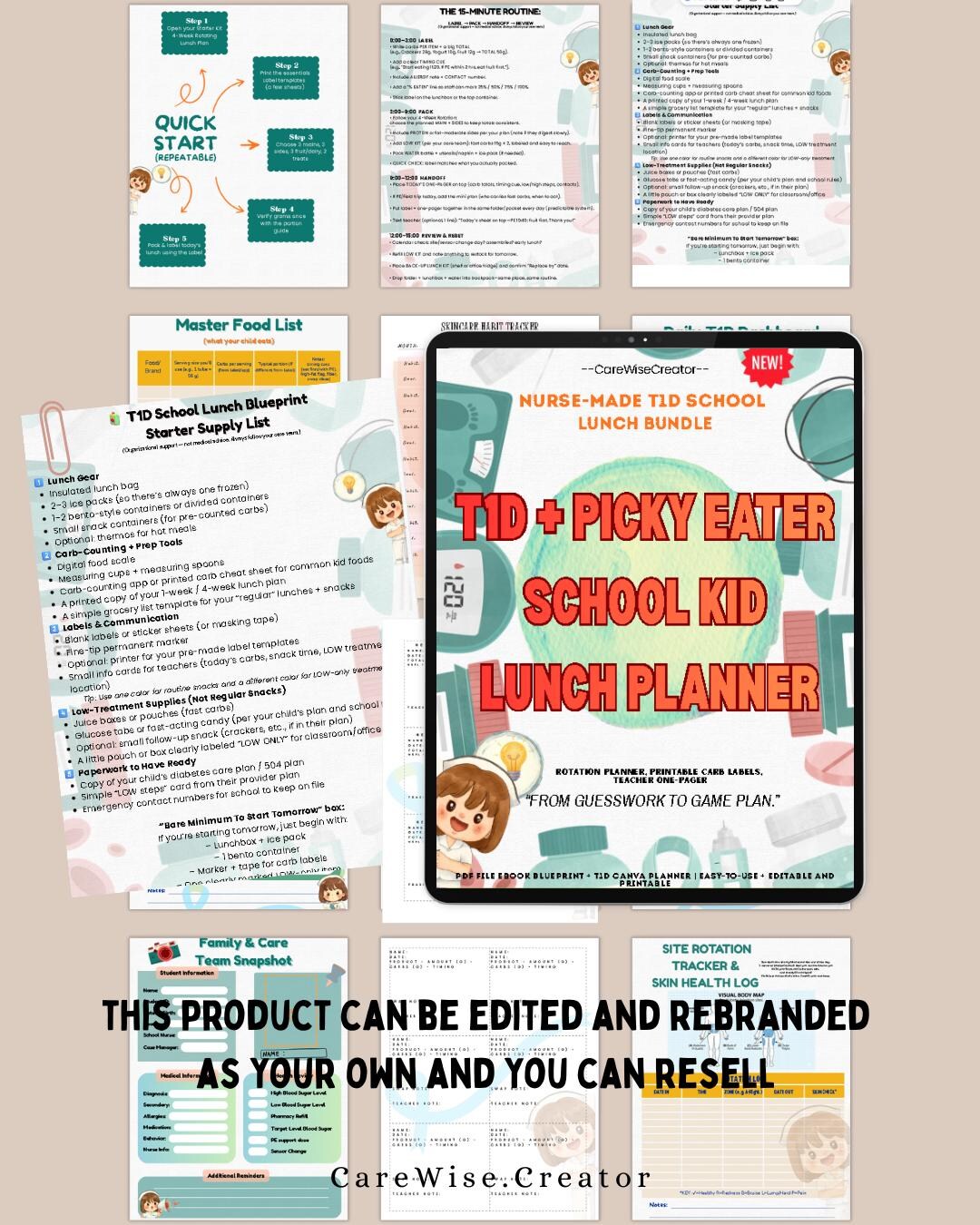 T1D + Picky Eater School Kid Lunch Planner (printable + Editable) - Etsy
