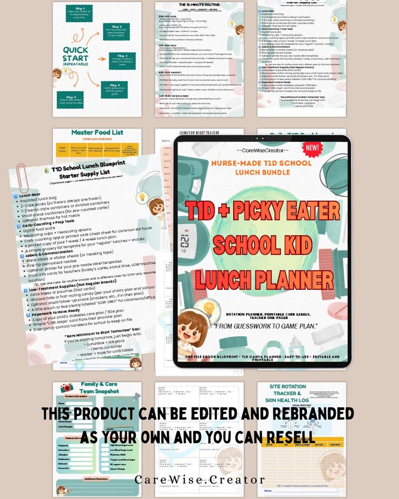 T1D + Picky Eater School Kid Lunch Planner (printable + Editable) - Etsy