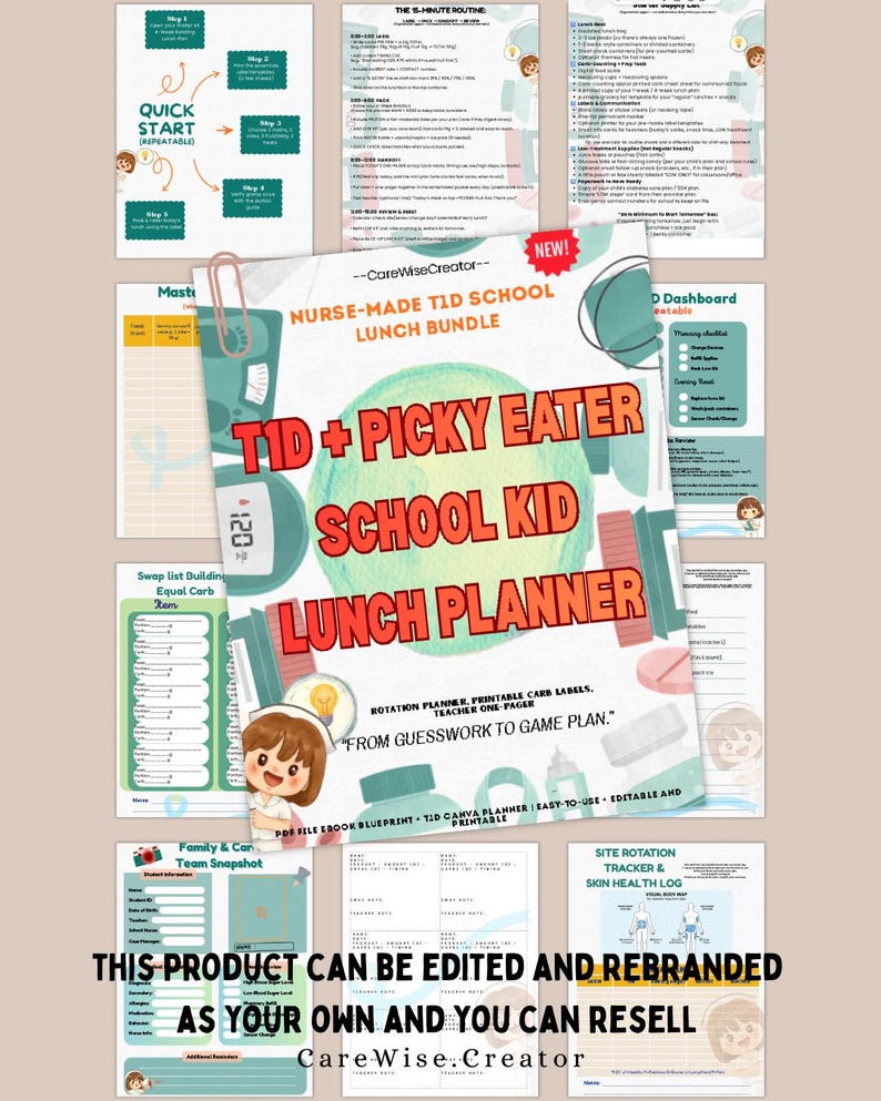 T1D + Picky Eater School Kid Lunch Planner (printable + Editable) - Etsy