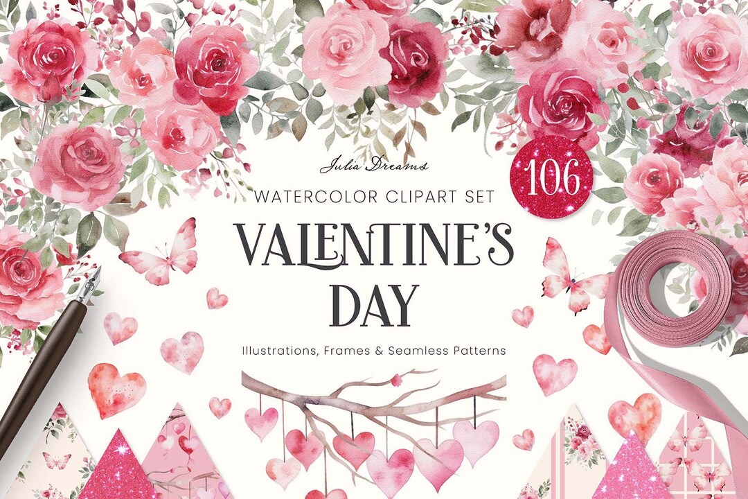 Watercolor Heart & Rose Clipart, Valentine's Day PNG (digital Download ...