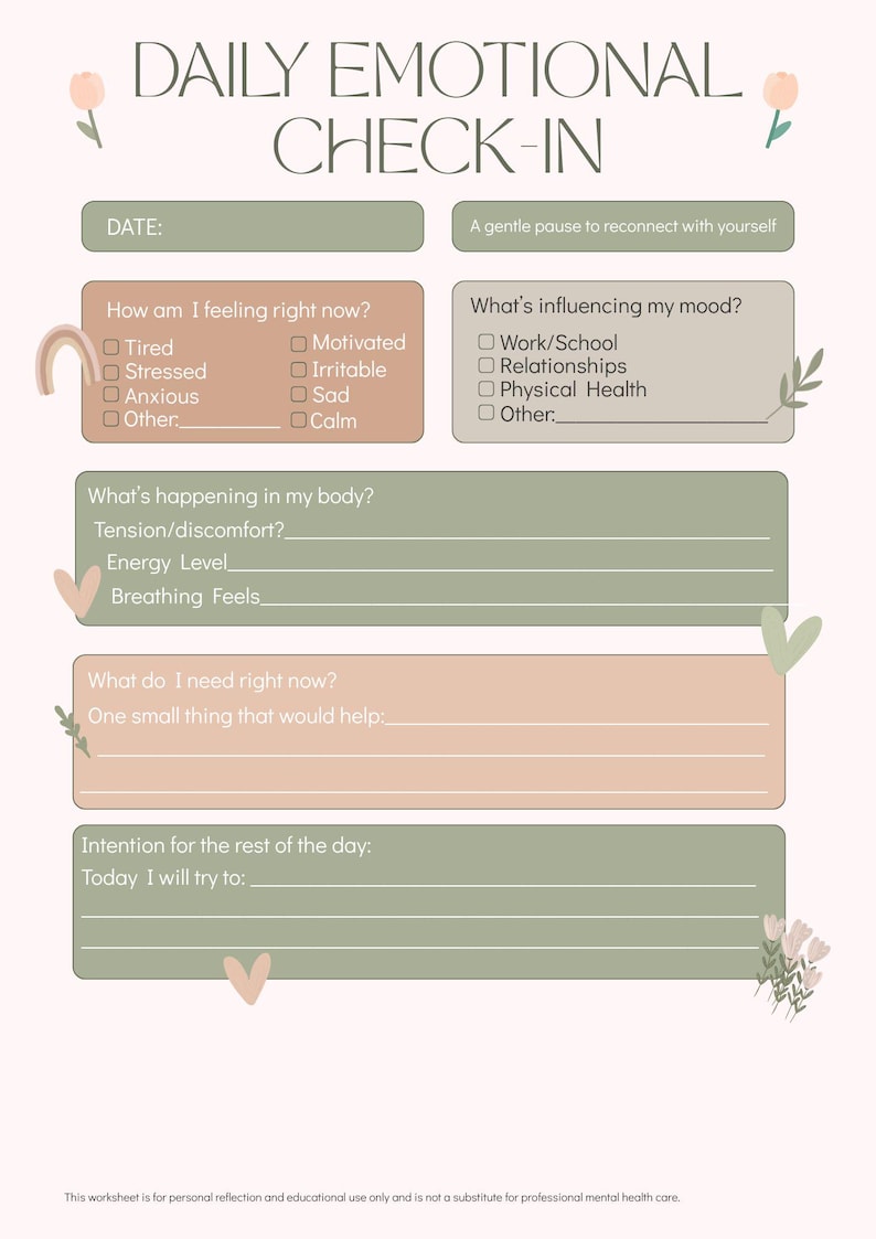 Daily Emotional Check-in Worksheet Printable - Etsy