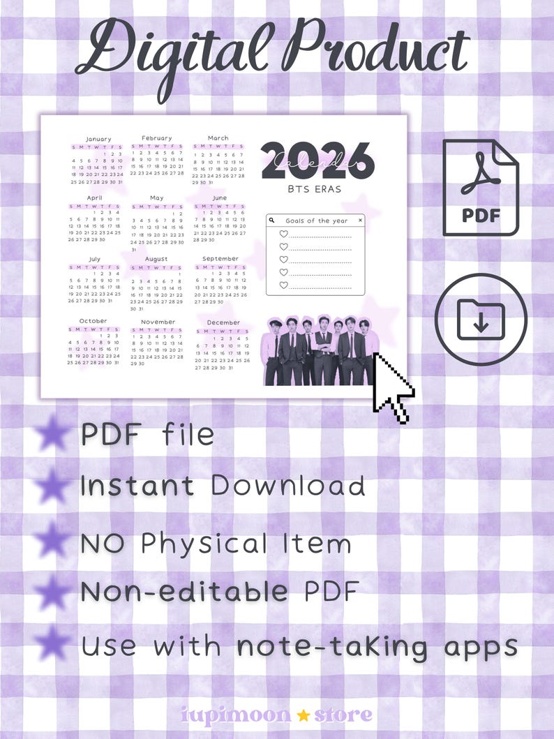 2026 BTS Calendar Printable | K-pop ARMY Digital Pdf | US Letter - Etsy