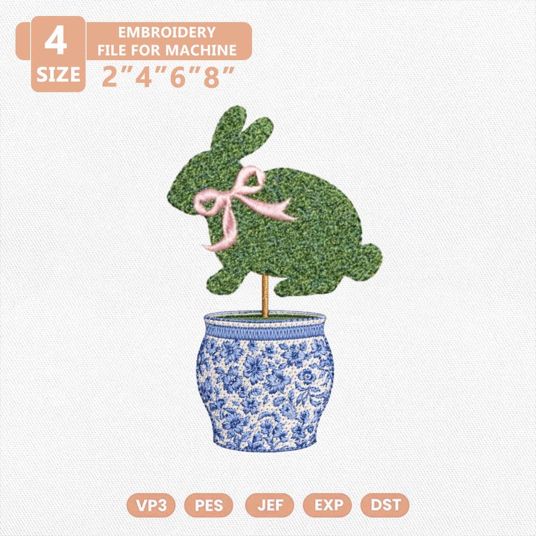 Easter Topiary Embroidery Design, Easter Bunny Rabbit Bow Boxwood Tree ...